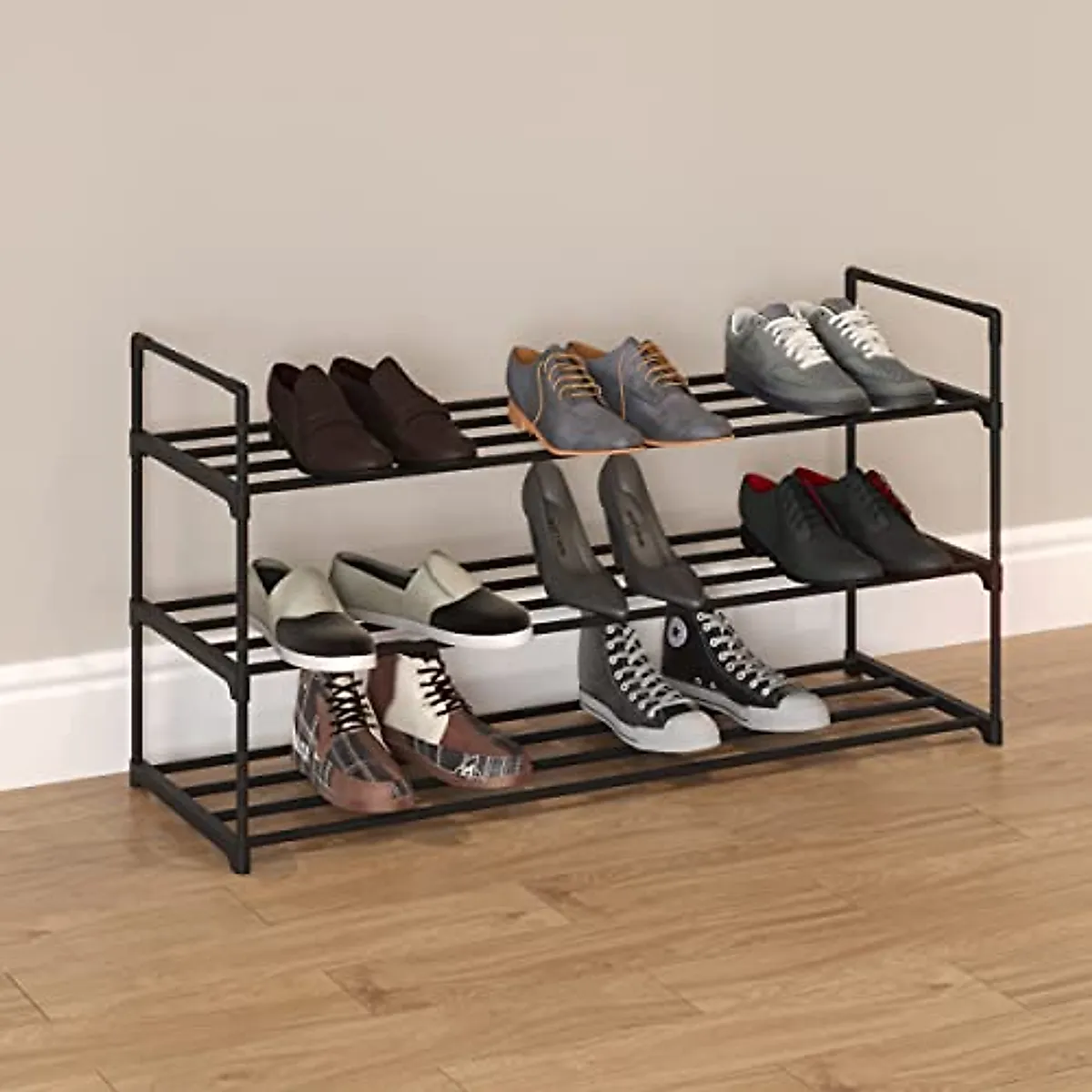Shoe Rack - 3-Tier Shoe Organizer for Closet, Bathroom, Entryway - Shelf Holds 15 Pairs Sneakers, Heels, Boots by Home-Complete (Black)