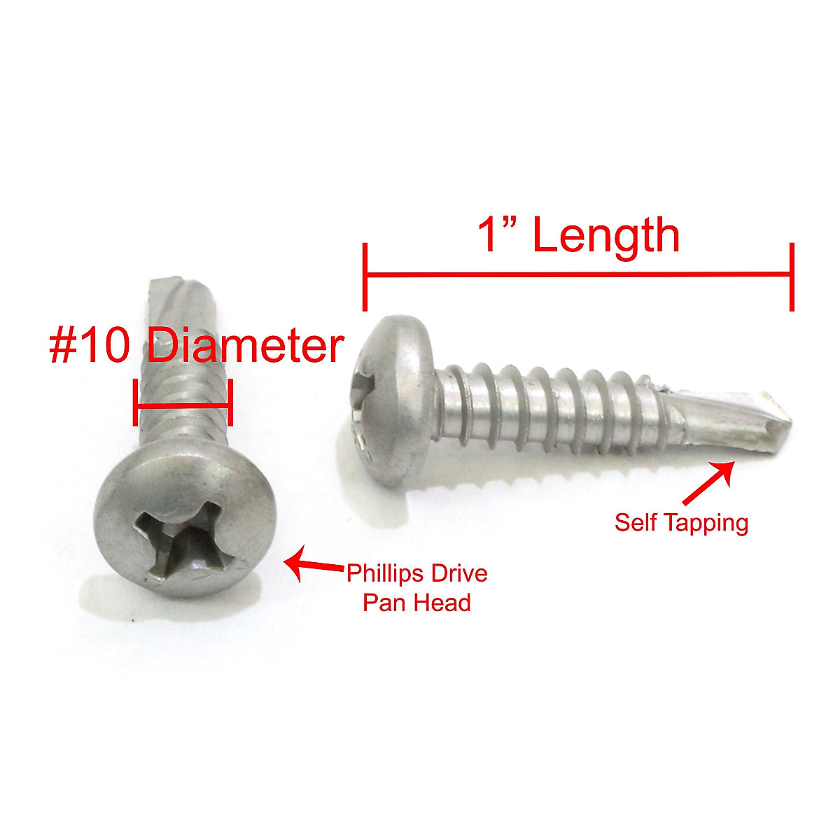 Bolt Dropper 10 x 1 Self Tapping Stainless Steel Metal Screw, (100 Set) Phillips Pan Head Self Drilling, 410 SS, Corrosion Resistant Choose Size