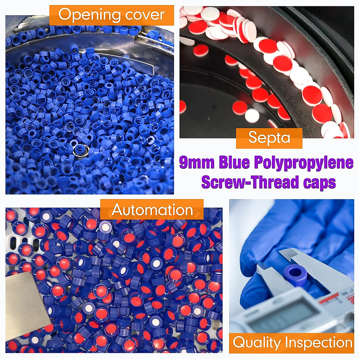 PEKYBIO HPLC 9-425 Screw Thread Vial Blue Caps, 2ml autosampler Vial caps, 9 mm, Red PTFE/White Silicone Septa, 100 pcs/pk