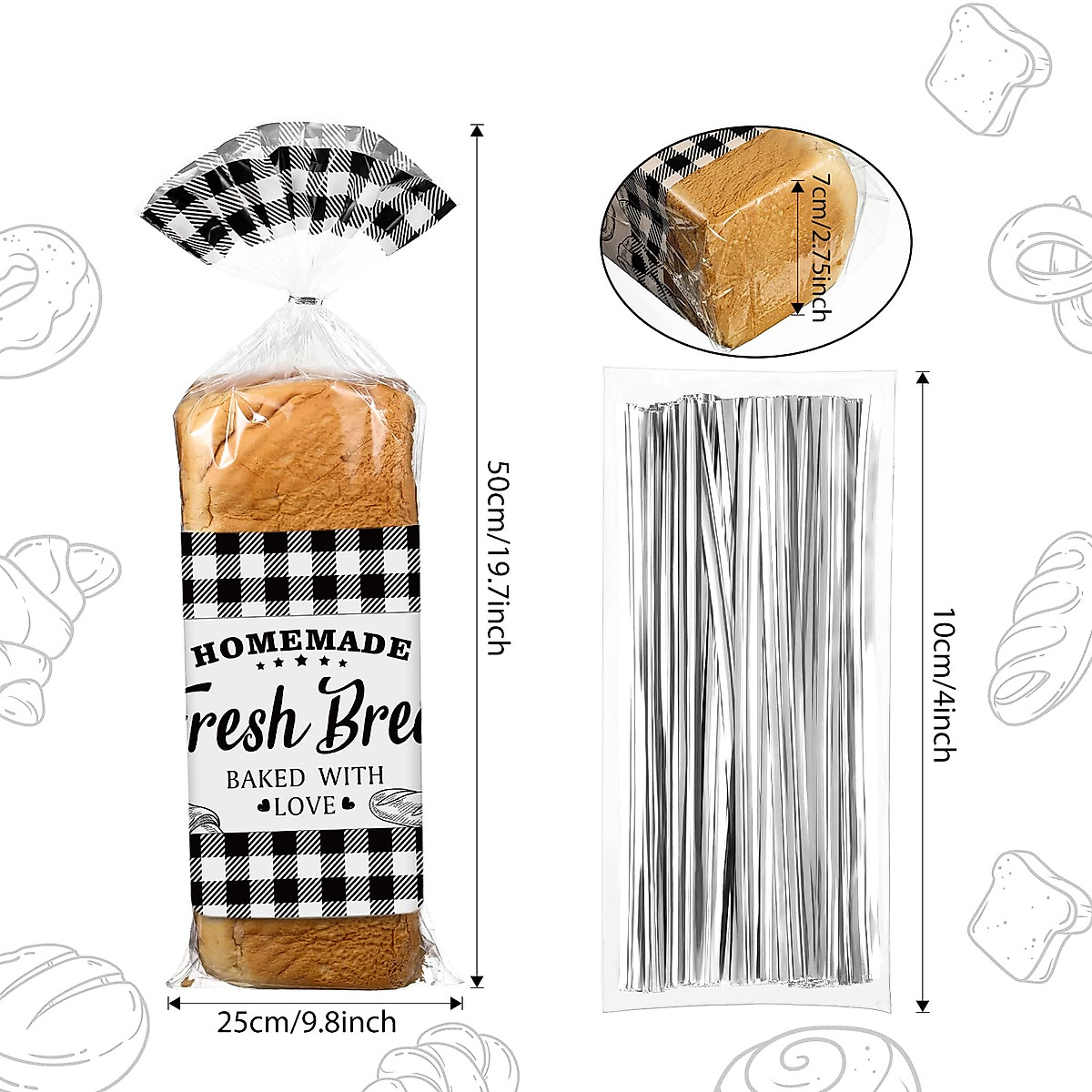 Bread Bags for Homemade Bread Christmas Plastic Bread Bags with Twist Ties Clear Bread Bags Black Buffalo Plaid Baked Bread Bags Fresh Bread Bag for Home Bakers and Bakery 10 x 20 Inch (50 Pcs)