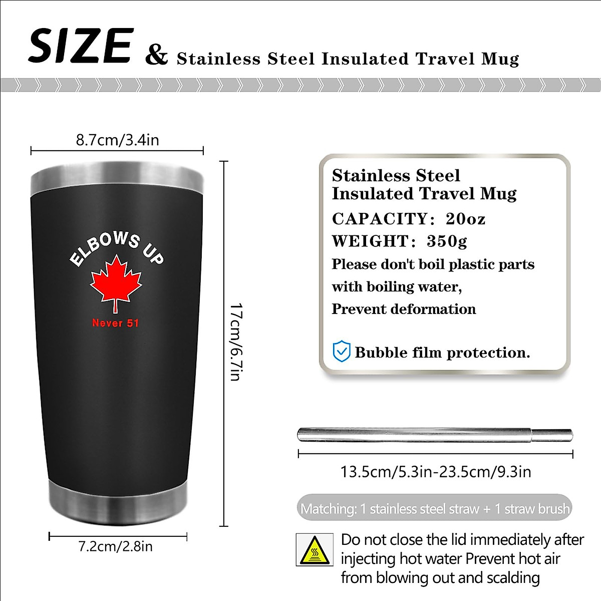 liabiliies Travel Coffee Tumbler 20 oz Elbow's Up - Never 51 Canada Flag Stand Strong Tumbler with Lid and Straw Insulated Tumblers Stainless Steel Tumbler