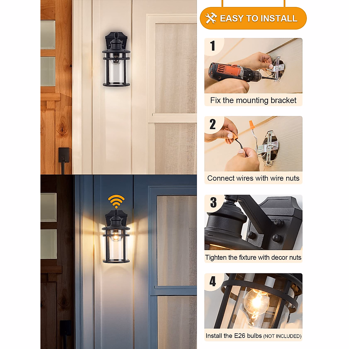 KXIEMRS 2-Pack Dusk to Dawn Sensor Outdoor Wall Lantern, Exterior Wall Mount Light Fixture, Matte Black Metal Wall Sconce with Clear Glass, E26 Base Waterproof for Backyard, Entryway, Garage, Garden…