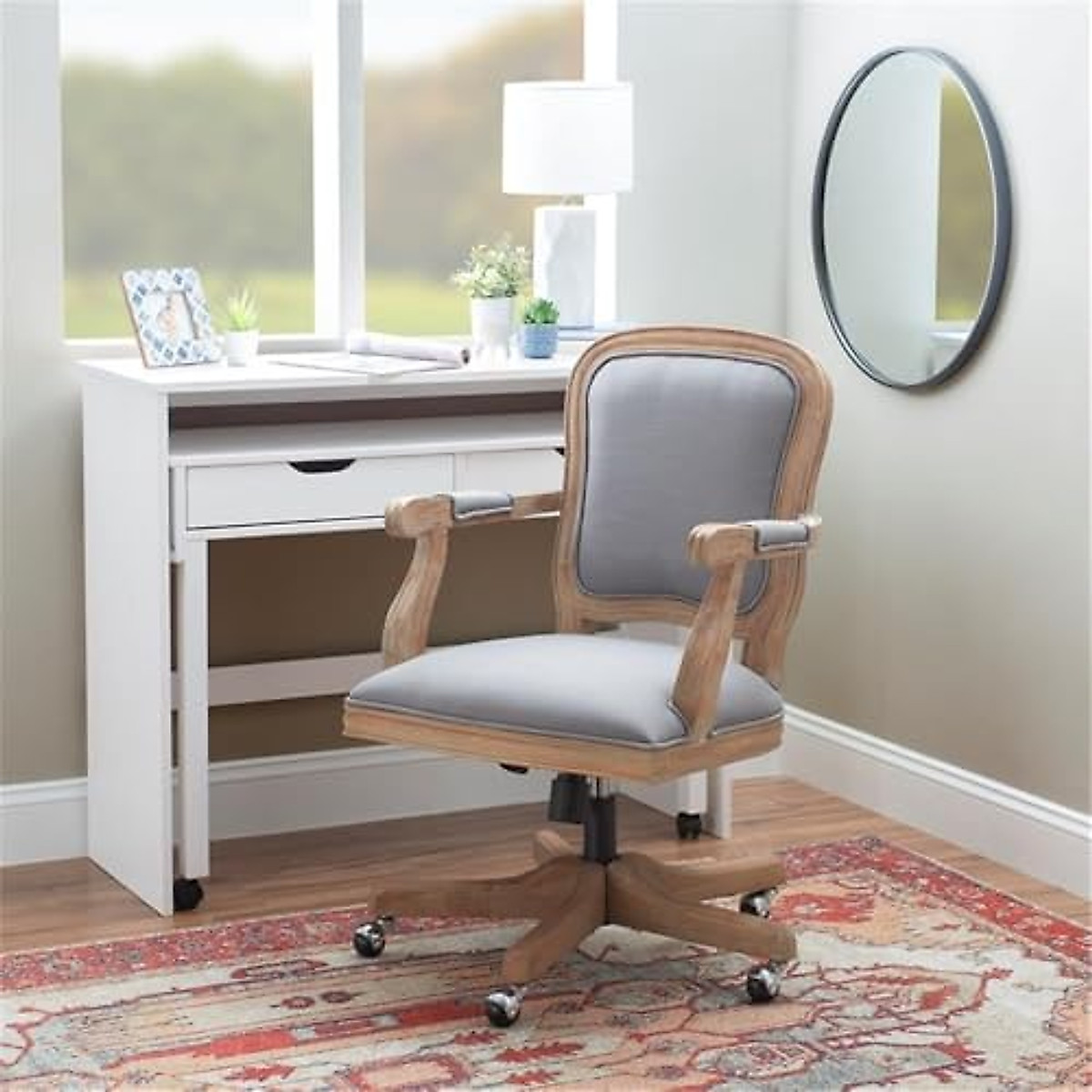 Riverbay Furniture 19" - 23" Seat Height Transitional Wood & Fabric Office Chair with Brushed Silver Casters, Gas Lift, Adjustable Height, Some Assembly Required, in Light Gray Finish