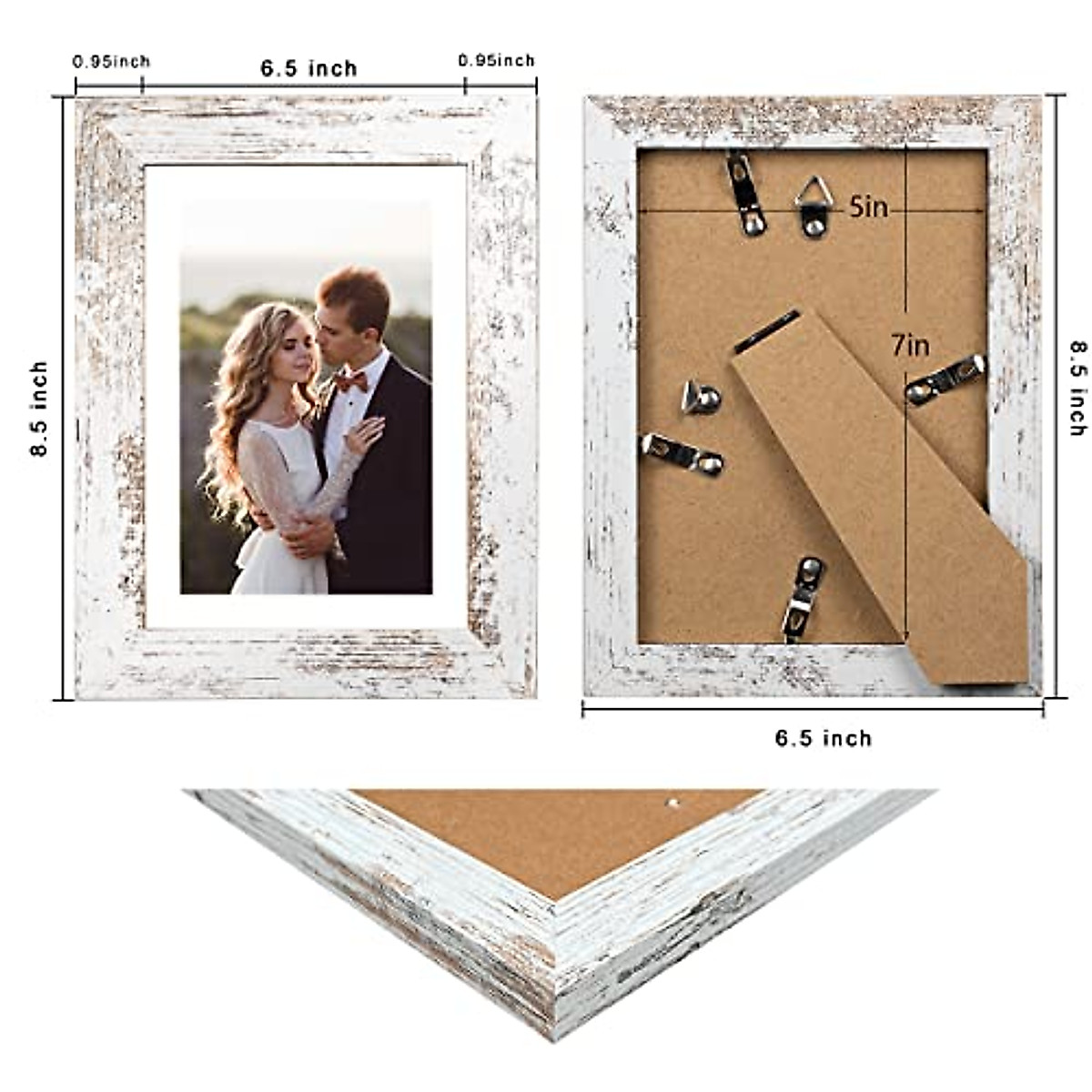 Capcillin 5x7 Picture Frame Wood Patten Distressed White Set of 2, Each Frame with Mat,Display 5x7 Picture Without mat or 4x6 Photos with Mat Wall Decor Table Top(CP001-MD5x7RW)