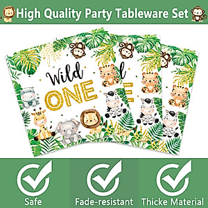Jungle Safari Baby Shower Decorations Tableware Set Serves 24, Animals Paper Plates, Napkins, Cups, Cutlery for Baby Boy Wild One Birthday Baby Shower Party Supplies