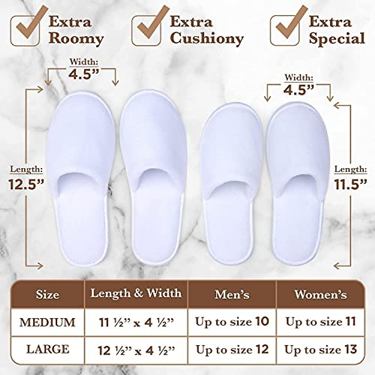 Spa Slippers, Disposable Slippers for Guests Bulk of 6 Pairs - Non-Slip Closed-Toe Premium White Spa Slippers Bulk with Travel Bags - Coral Fleece Hotel Slippers for Women and Men (3 Medium and 3 Large)