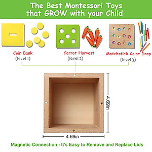nanayo 4-for-1 Play Kit Includes Object Permanence Box, Montessori Coin Carrot Harvest Game, Matchstick Color Drop Game – Toys for Babies 6-12 Months, 1 Year, 2 Year and 3