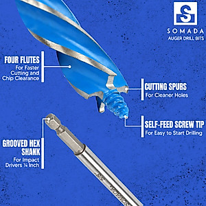 SOMADA Auger Drill Bit Set for Wood, 4-Piece, 1/2", 5/8", 3/4" and 1" Inch Size, 6-Inch Long Impact Wood Auger Set with Quick Change hex Shank