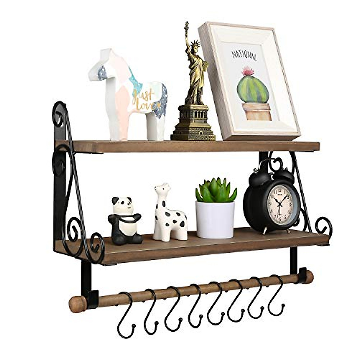 Halcent Floating Shelves Wall Mounted Storage Shelves, 2-Tier Rustic Farmhouse Wood Wall Shelf Kitchen Spice Rack Bathroom Shelf with Towel Bar and 8 Hooks