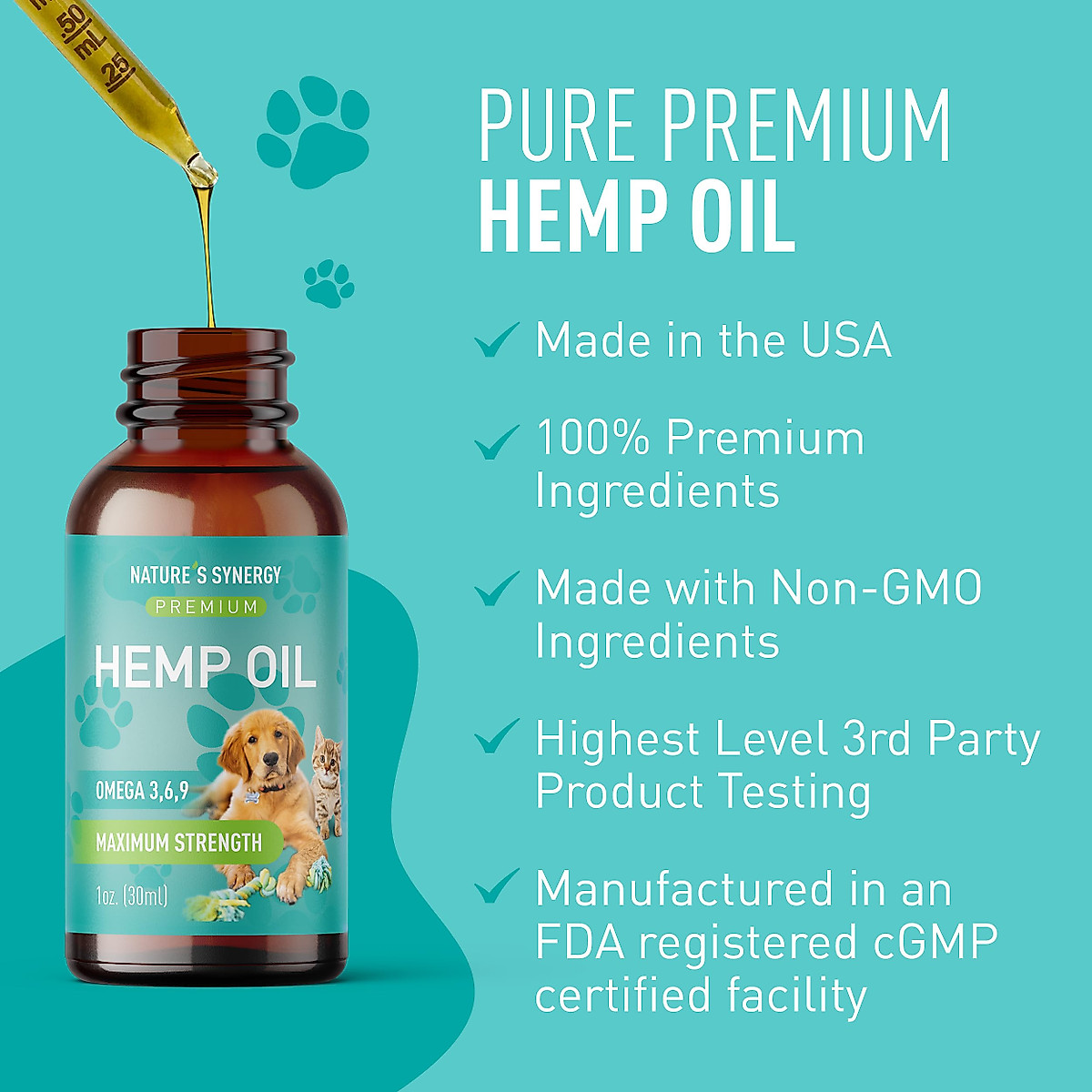 Nature's Synergy Hemp Oil for Dogs, Cats & Pets, Omega 3 6 9 Fatty Acids for Hip and Joint Support, Skin and Coat Health, Calming Dog Supplement to Support Stress from Travel, Separation, 1 Oz Bottle