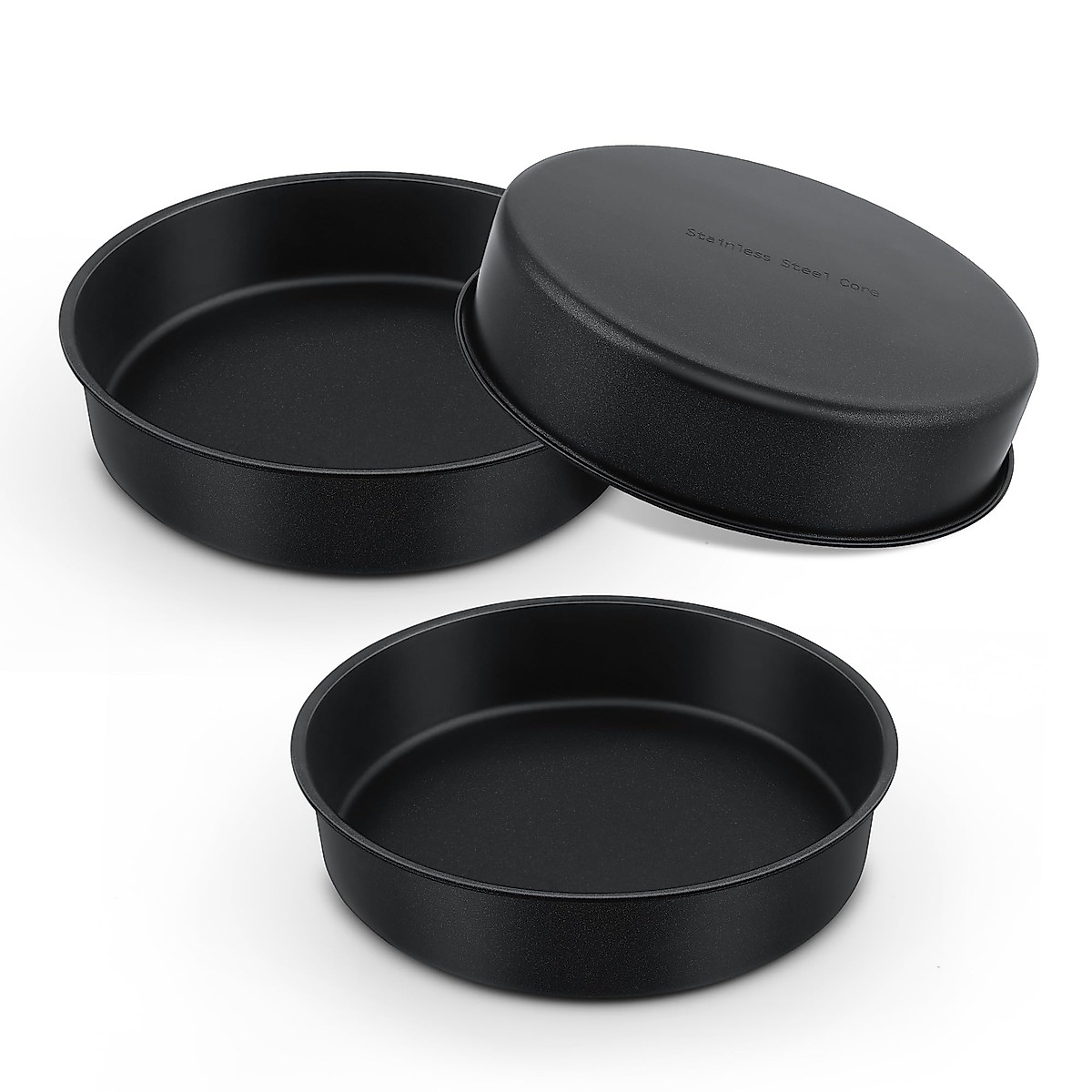 E-far 9.5 Inch Cake Pan Set of 3, Nonstick Round Baking Layer Cake Pans, Stainless Steel Core & Non-Toxic Coating, 2 Inch Deep (Black)