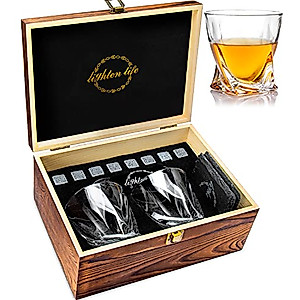 Lighten Life Whiskey Stones Gift Set,Whiskey Glass Set 2 in Wooden Box with 8 Granite Whiskey Stones,Premium Bourbon Glasses with Stones,Whiskey Stone Gift for Dad Husband Boyfriend Fathers Day
