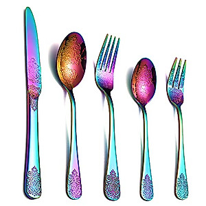 20 Pcs rainbow Silverware Set, Flatware Cutlery Set, Stainless Steel Tableware Eating Utensils, Colorful Silverware Set for 4, Knives Spoons Forks, Mirror Finish and Dishwasher Safe,Flower handle