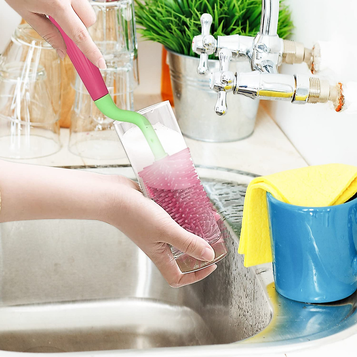 Triplevo 3 in 1 Silicone Baby Bottle Cleaning Brush Kit with Stand – Baby Cleaning Brush Set for Baby Milk Bottles Straws Breast Pumps & Other Accessories – Capable to 360° Overall Cleaning (Pink)