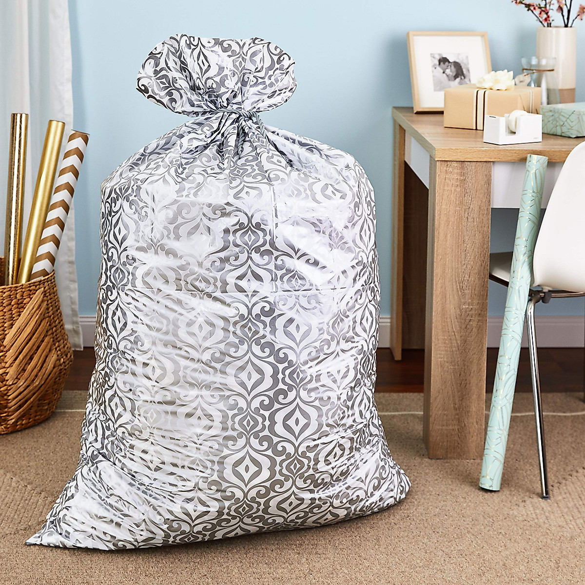 Hallmark 56" Jumbo XL Plastic Gift Bag (Silver Damask) for Engagement Parties, Bridal Showers, Weddings, Valentines Day, Holidays or Any Occasion