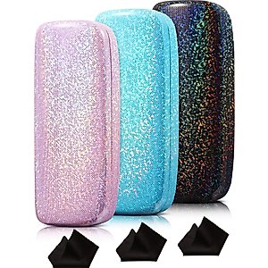 3 Pieces Hard Shell Sunglasses Case Dazzling Glitter Glasses Case Smooth Sunglasses Case with Eyeglass Cloth