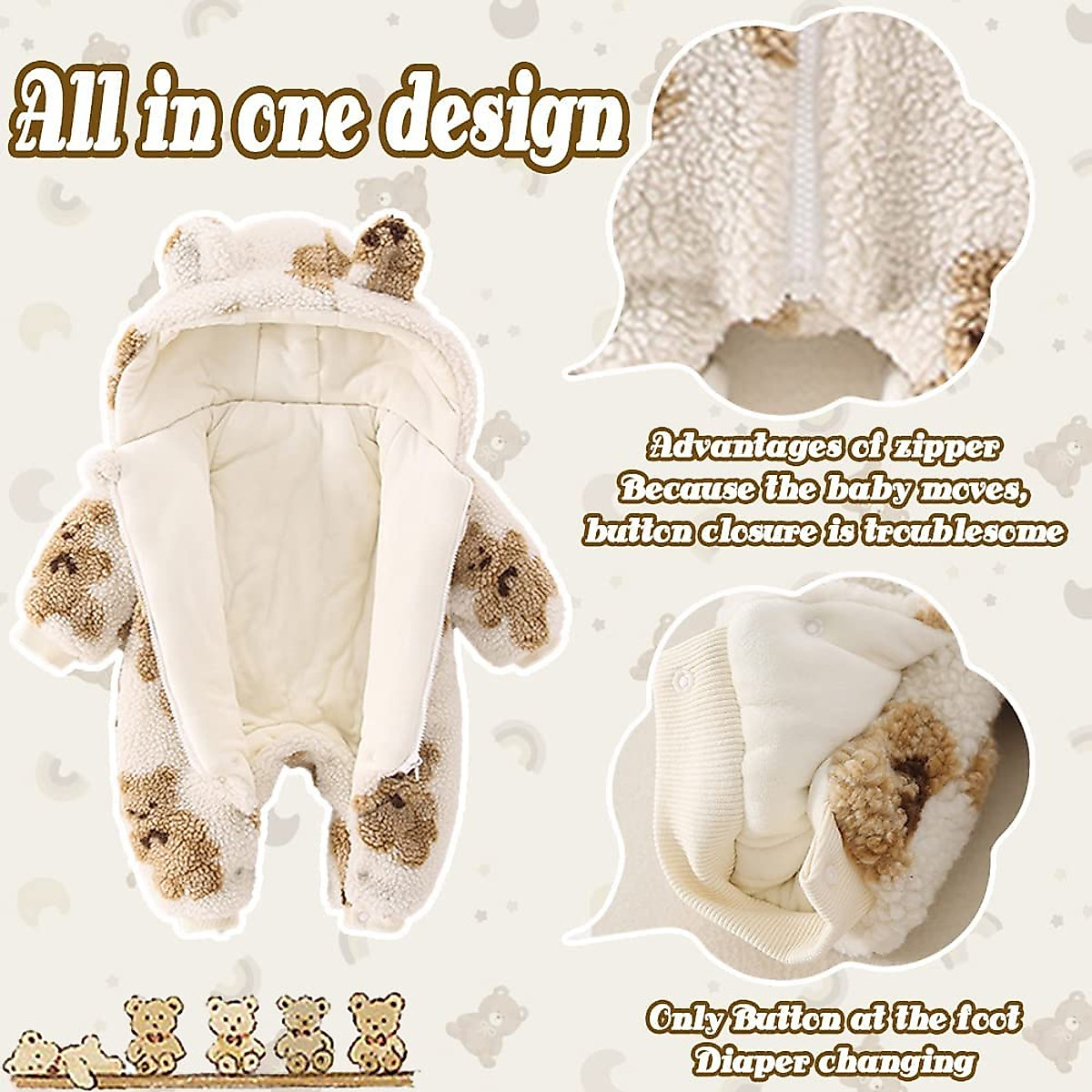 UVIPC Newborn Baby Bear Onesie Baby Fleece Snowsuit Jumpsuit Hooded Footie Thick Winter Outwear for Infant Boys Girls