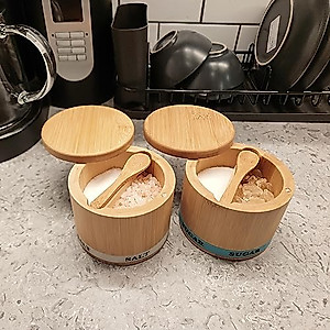 ThougrLyh Salt Sugar Container Sets 2 Bamboo Salt and Sugar Bowls with Lid and Spoon Spices Cellar Magnetic Swivel Lid Kitchen Salt Box Holder Sugar Jar 13oz Capacity
