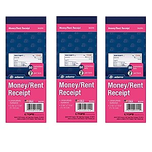 Adams Money and Rent Receipt Book, 2-Part, Carbonless, 2.75 x 7.19 Inch, 50 Sets, White and Canary (DC2701), 3 Pack