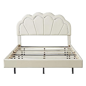 DNYN Upholstered Full Size Platform Bed for Kids, Adults Bedroom,Velvet Fabric Bedframe with Elegant Flower Headboard & LED Design & Wood Slat Support,No Box Spring Needed, Beige