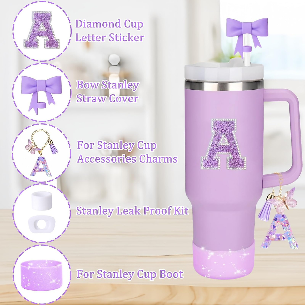 MOTEERLLU 6pcs Stanley Cup Accessories Set,Bow Straw Cover for Stanley Cup 30oz 40oz, Including Straw Topper,Spill Proof Stopper,Sparkly Silicone Boot Set,Handle Charm,Initials Sticker (A)