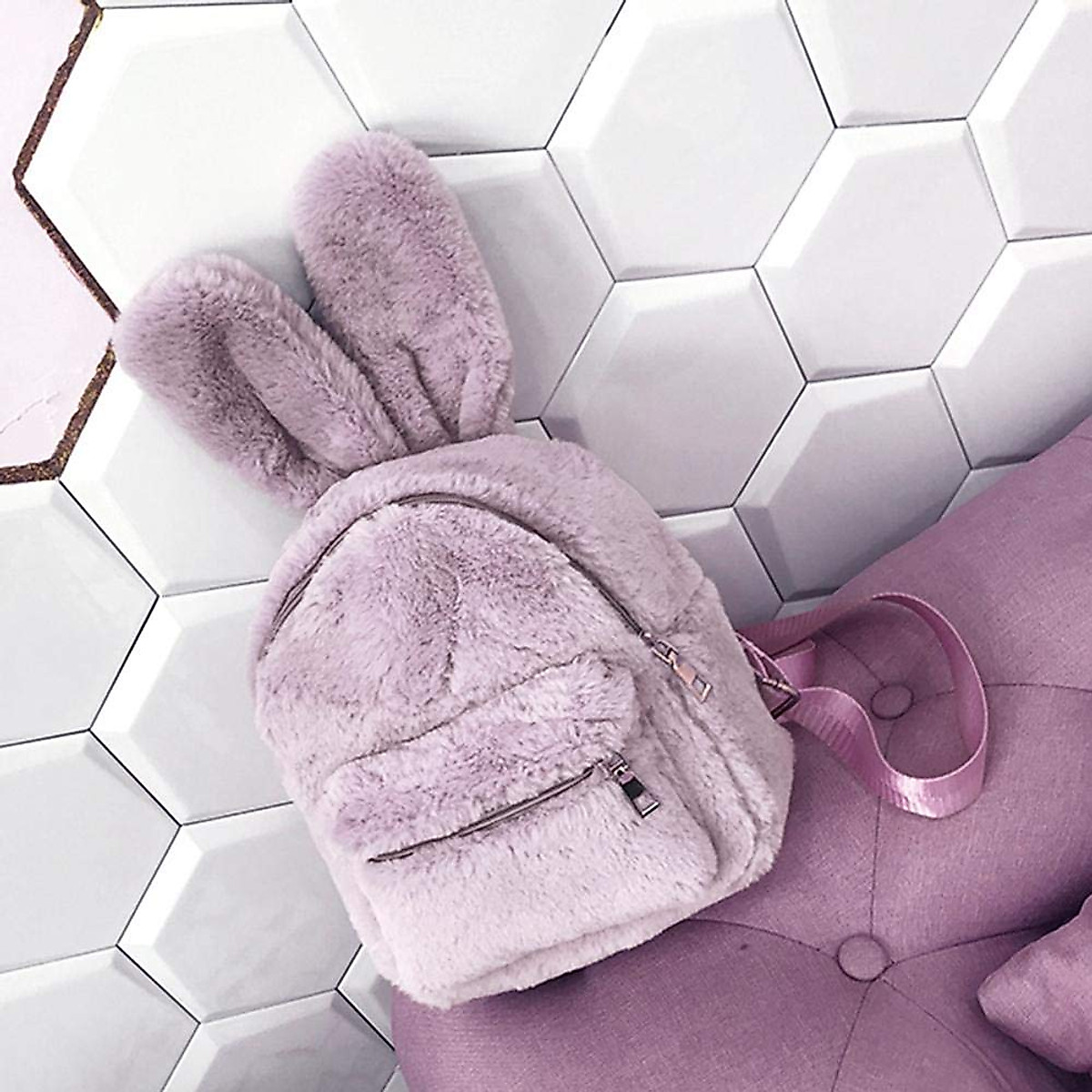 Bunny Backpack, Mini Fur Backpack Cute Rabbit Ear Satchel Shoulder bag Purse Plush Handbags for Women