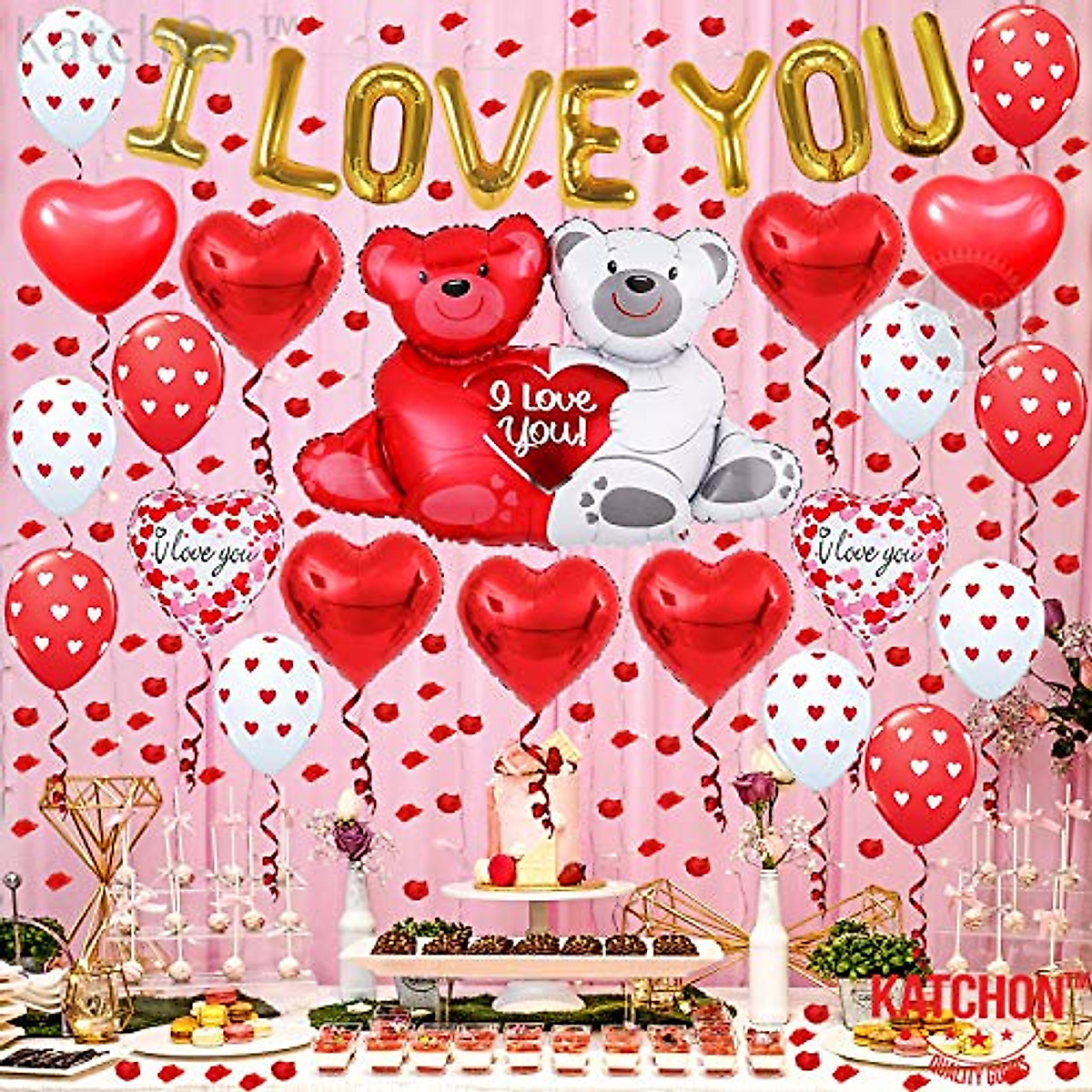 Huge, I Love You Balloons Set - Pack of 54 | Pack of 2000 Rose Petals for Romantic Night for Him Set | Red Heart Balloons, Valentines Day Decor | Valentine Balloons, Romantic Decorations Special Night