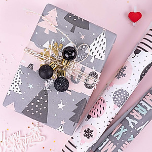 WRAPAHOLIC Christmas Kraft Wrapping Paper Roll - Pink and Grey Christmas Set for Holiday, Party Deco - 4 Rolls - 30 Inch X 120 Inch Per Roll