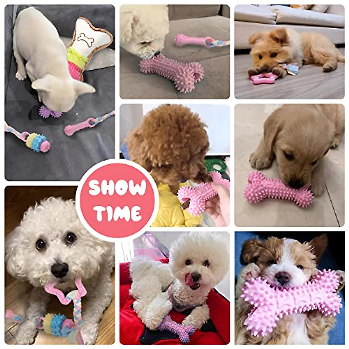 BAEJMJK 5 Pack Puppy Teething Toys Cute Pink Dog Chew Toys for Small Dogs Soft Rubber Puppy Toys Set Plush Squeaky Dog Toys for Cleaning Teeth Interactive Pet Doggy Bone Toys