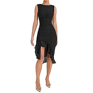 Chloefairy Women's Summer Midi Bodycon Sleeveless Backless Ruffle Hem Mermaid Cocktail Elegant Tank Dress (as1, Alpha, l, Regular, Regular, Black)