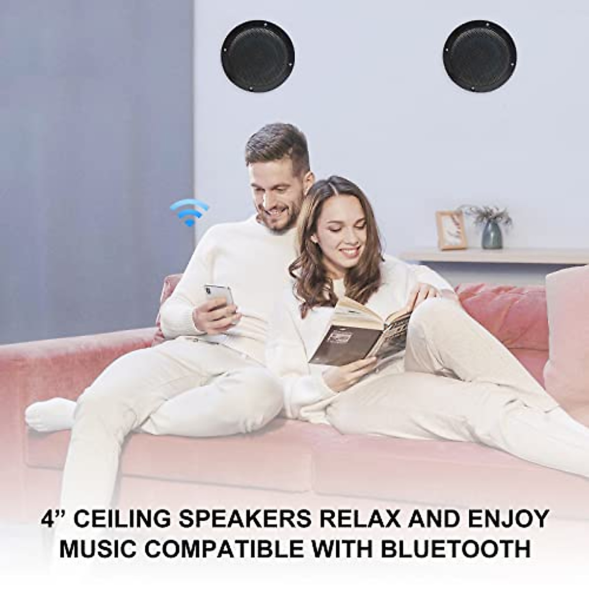 Herdio 4 Inches 320W Ceiling Bluetooth Speakers, 2 Way Flush Mount Ceiling Speakers for Bathroom Kitchen Home Theater, Covered Porches (Black, 4 Speakers)