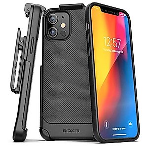 Encased Compatible with iPhone 12 Belt Clip Case (Thin Armor) Slim Grip Cover with Holster - Black