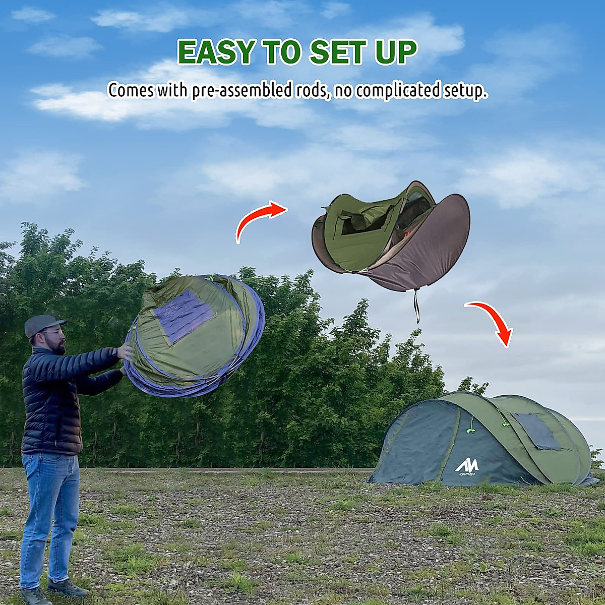6 Person Pop Up Tents for Camping - AYAMAYA Waterproof Instant Tent Upgraded 2 Doors with Vestibule & Porch, Double Layer Large Size Family Easy Tent Automatic Setup for 4-6 People Camping Hiking