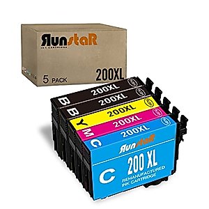 Run Star Remanufactured 5 Pack 200XL Ink Cartridge Replacement for Epson 200XL 200 T200XL T200XL120 use for XP-200 XP-310 XP-400 XP-410 WF-2520 WF-2540 Printer (2 Black, 1 Cyan, 1 Magenta, 1 Yellow)