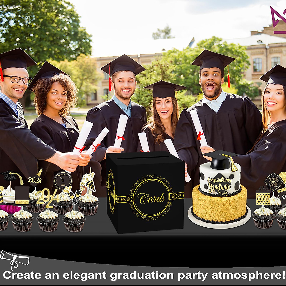 WNINK Black Card Box with Gold Foil Design, Gift Cards Receiving Box for Birthdays Party, Wedding Receptions, Bridal & Baby Showers, Graduations, Retirements, Anniversaries