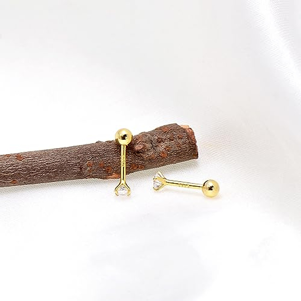 3 MM Cubic Zirconia Sterling Silver Plated Yellow Gold Stud Earrings for Women, Screw Ball Backing