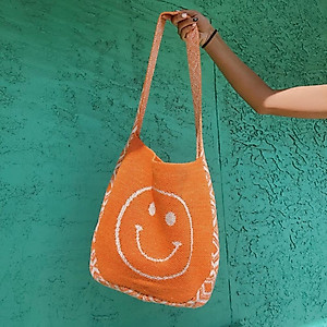 Fifth & Ninth Poppy Smiley Face Retro Knit Bag for Women (Orange)