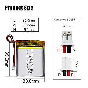 KBT 3.7V 500mAh Li-Polymer Battery: 503035 Lipo Rechargeable Lithium-ion Replacement Batteries with PH 1.25 JST Connector, PH2.0/2.54 JST Connector for Replacement - 4pack