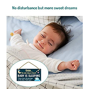 Funplus Baby Sleeping Sign for Front Door - Do Not Knock or Ring - 10″x5″ PVC Plastic Hanging Sign，Please do not knock or ring the bell, it upsets the dog, which upsets the baby, which upsets mom