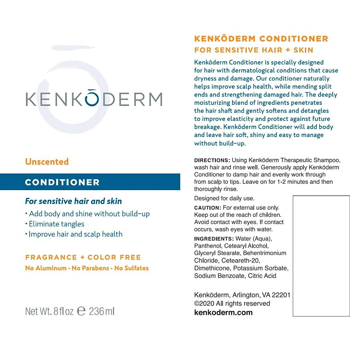 Kenkoderm Conditioner for Sensitive Hair and Skin - 8 oz | 1 Tube | Dermatologist Developed | Fragrance + Color Free