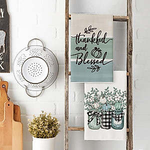 Artoid Mode Eucalyptus Leaves Buffalo Plaid Pumpkin Hello Fall Kitchen Towels Dish Towels, 18x26 Inch Vase Decoration Hand Towels Set of 4