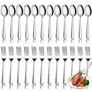 24 Pcs Forks and Spoons Silverware Set,Stainless Steel Flatware Cutlery Set,Food Grade Kitchen Utensil for Home Restaurant,12 Dinner Spoons and 12 Dinner Forks,Mirror Polished,Dishwasher Safe