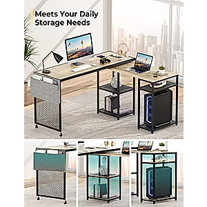 55" L Shaped Computer Desk with Power Outlets for Home Office Desks, Wooden Gaming Desk with Storage Shelves/Bag, Modern Simple Corner Desk for Small Space Student Study Writing L Shaped Desk, Oak