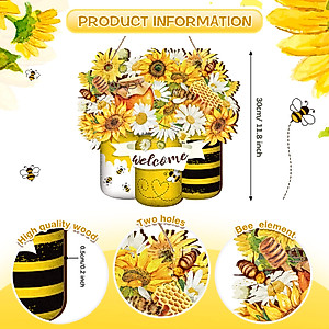 Spiareal Bee Welcome Wood Door Yellow Bee summer Hanger Wooden Sign Farmhouse Wall Porch Art Summe Wreath Hanging for Front Door Decoration
