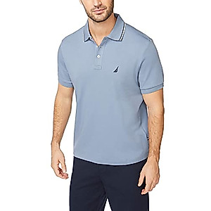 Nautica Men's Classic Fit Short Sleeve Dual Tipped Collar Polo Shirt, Lake City Blue, Large