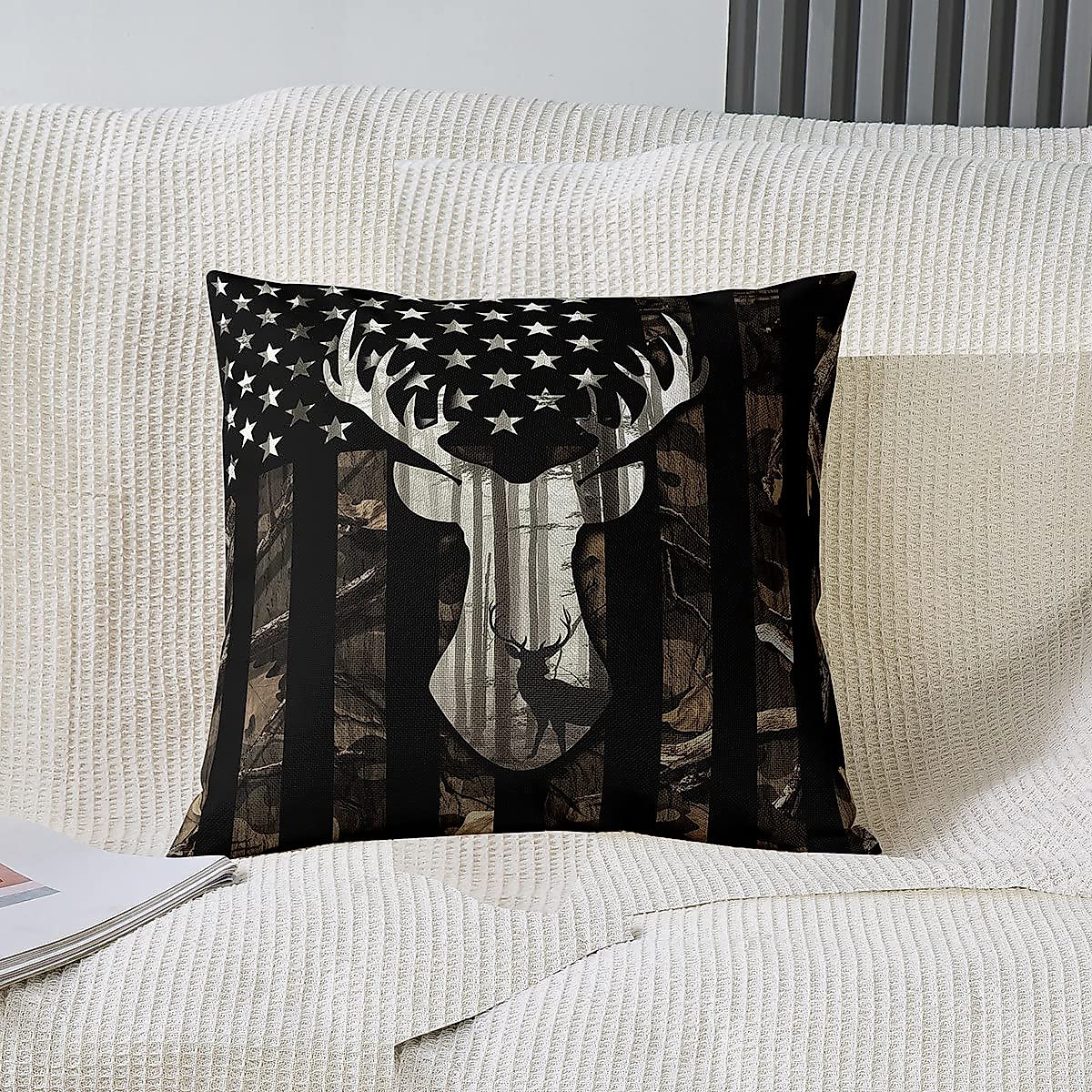 Camo American Flag Throw Pillow Cover,Deer Antlers Grey Camouflage Soft Reversible Print Cushion Cover for Bed Sofa,Wild Animal Branches Leaves Stars Square Couch Pillow Cover,20"x 20" Single Pack