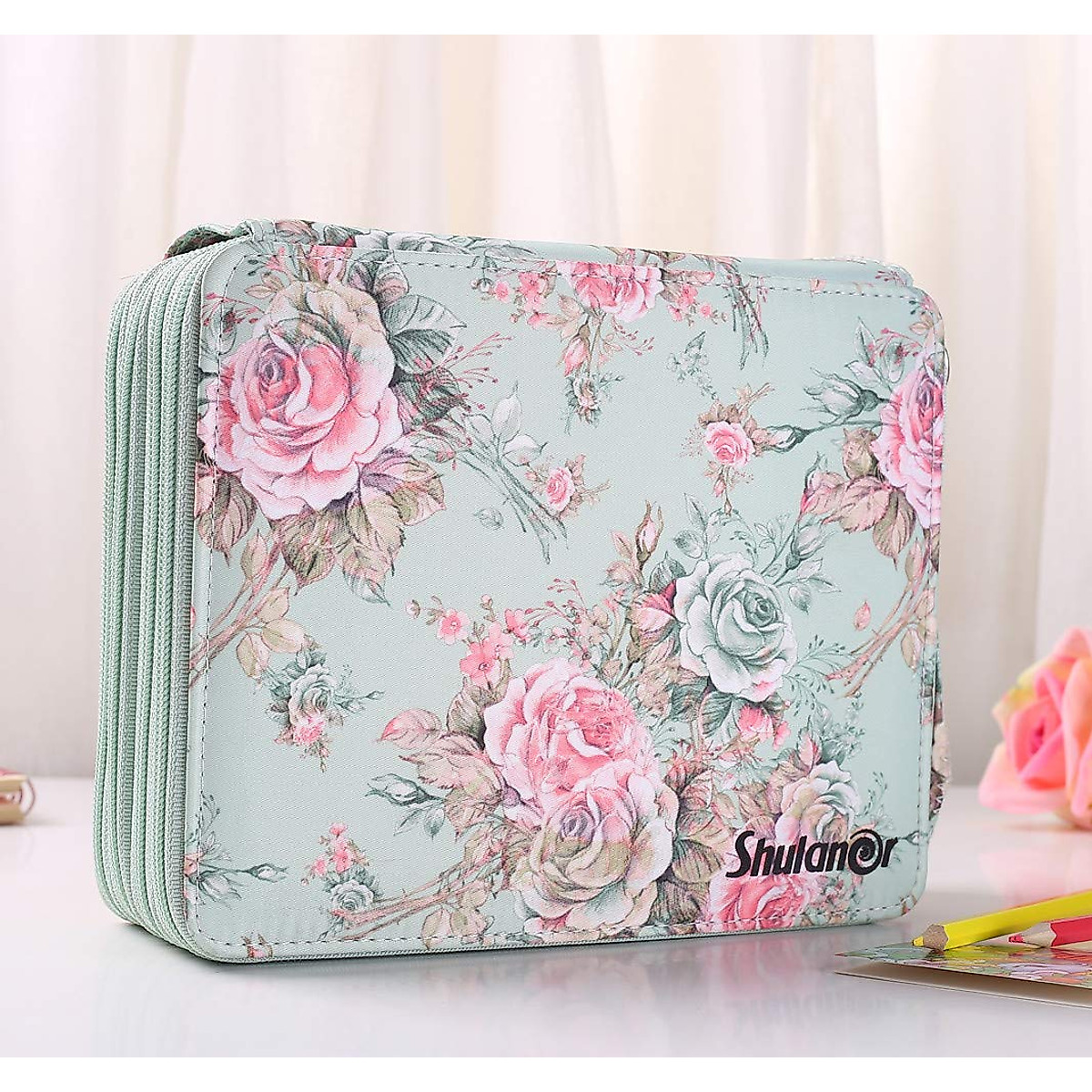 Shulaner 168 Slots Colored Pencil Case with Zipper Closure Large Capacity Oxford Pen Organizer Green Rose Pencil Holder for Artist