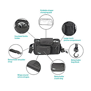 Kool-ala Mama, Universal Stroller Organizer with Insulated Cup Holders, Bonus Bag Hook & Diaper Changing Pad, Stroller Caddy, Detachable Wallet, Fits Bugaboo, Baby Jogger, Britax, Uppababy, Graco