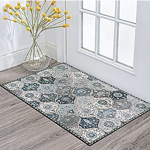 Lahome Moroccan Trellis Washable Area Rug - 2x3 Small Rug Non-Slip Entryway Rug Vintage Indoor Door Mat Distressed Accent Ultra-Thin Throw Rug Carpet for Entry Bathroom Kitchen Bedroom(2x3ft,Blue)