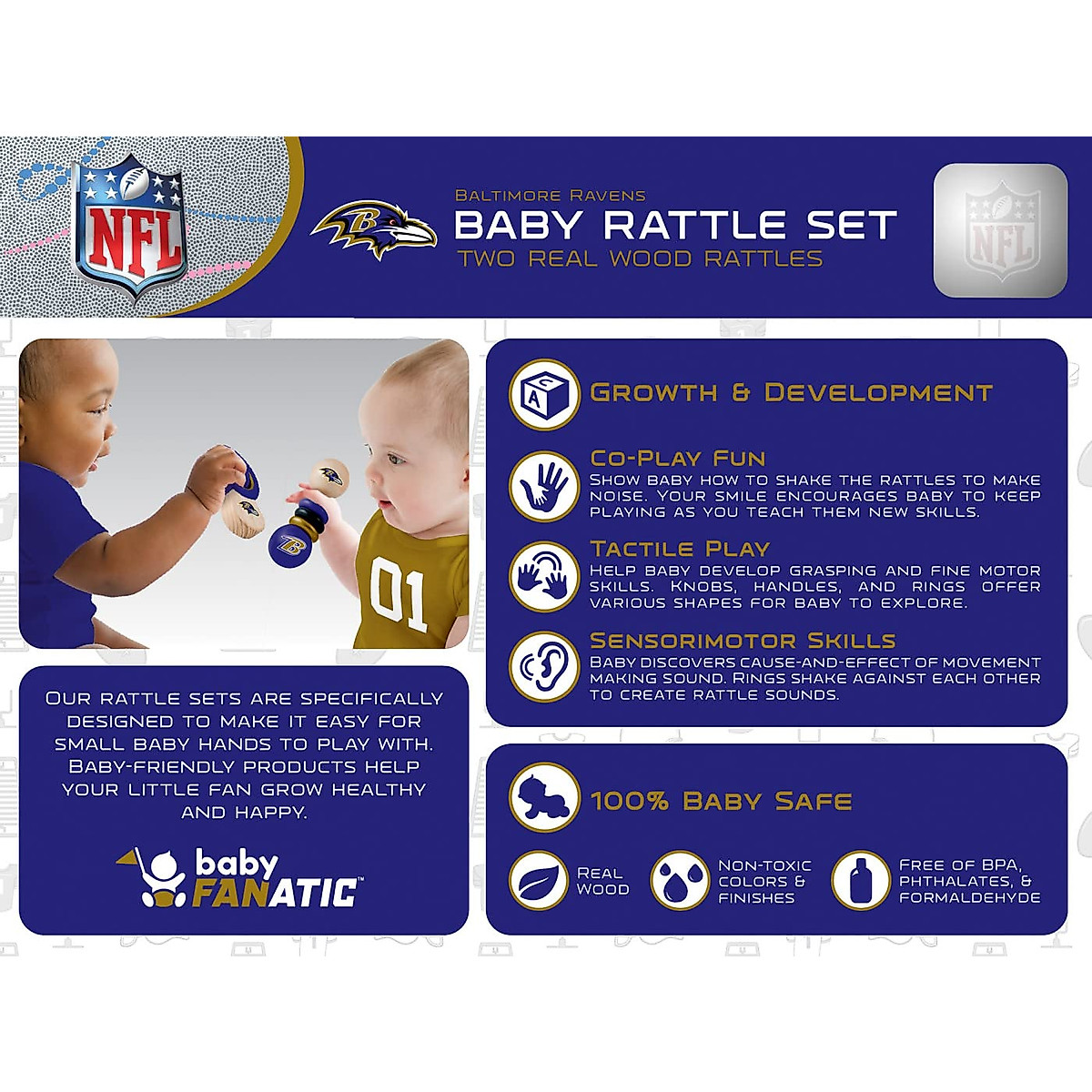 BabyFanatic Wood Rattle 2 Pack - NFL Dallas Cowboys - Officially Licensed Baby Toy Set